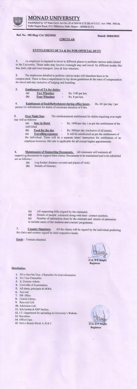 Entitlement of TA & DA for Offical Duty Circular-2023 | Monad University