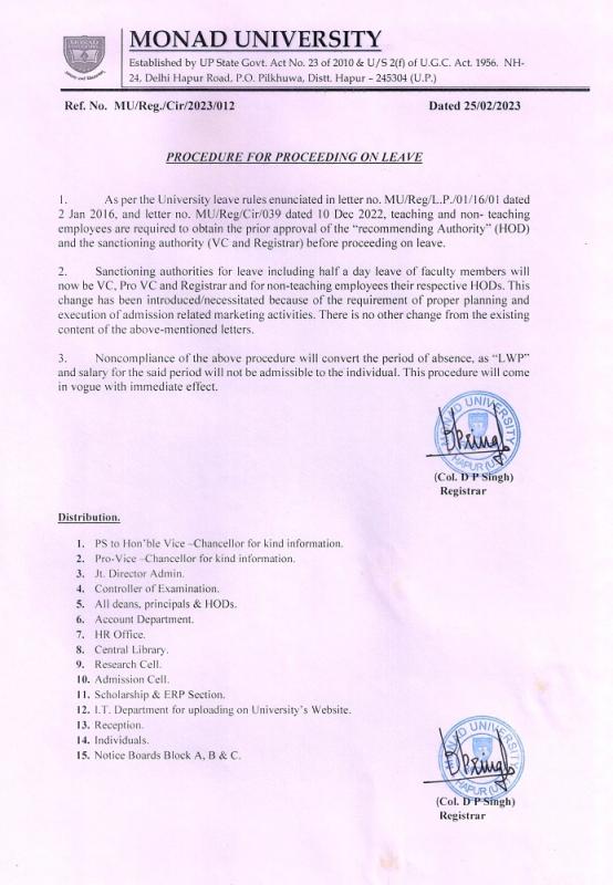 Procedure of Proceeding on leave | Monad University