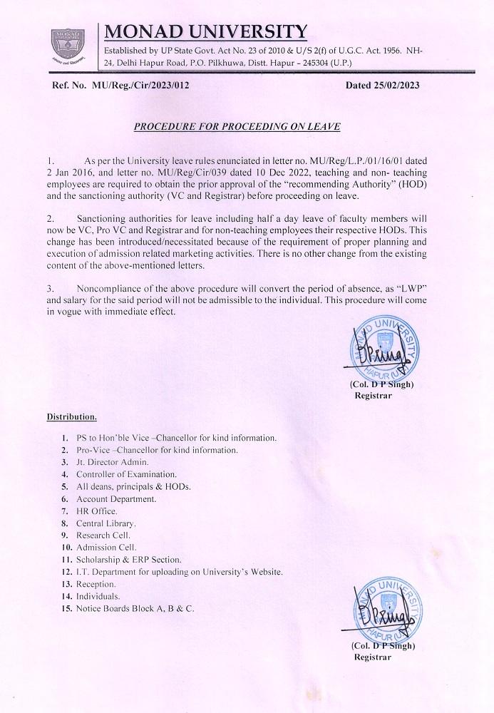 Procedure of Proceeding on leave | Monad University